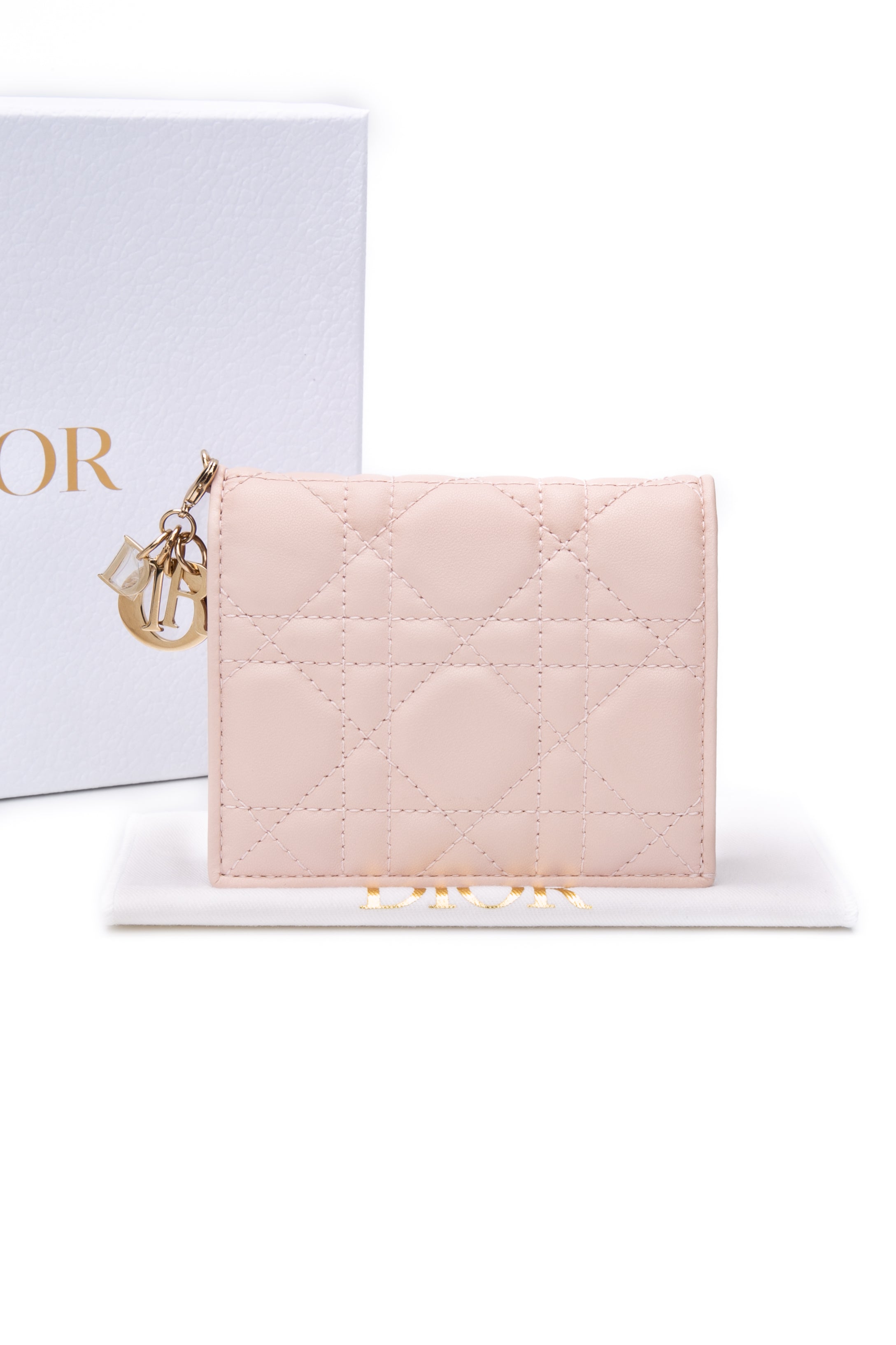 DIOR Powder Pink Cannage Lambskin Mini Lady Dior Gardenia Wallet (New ...