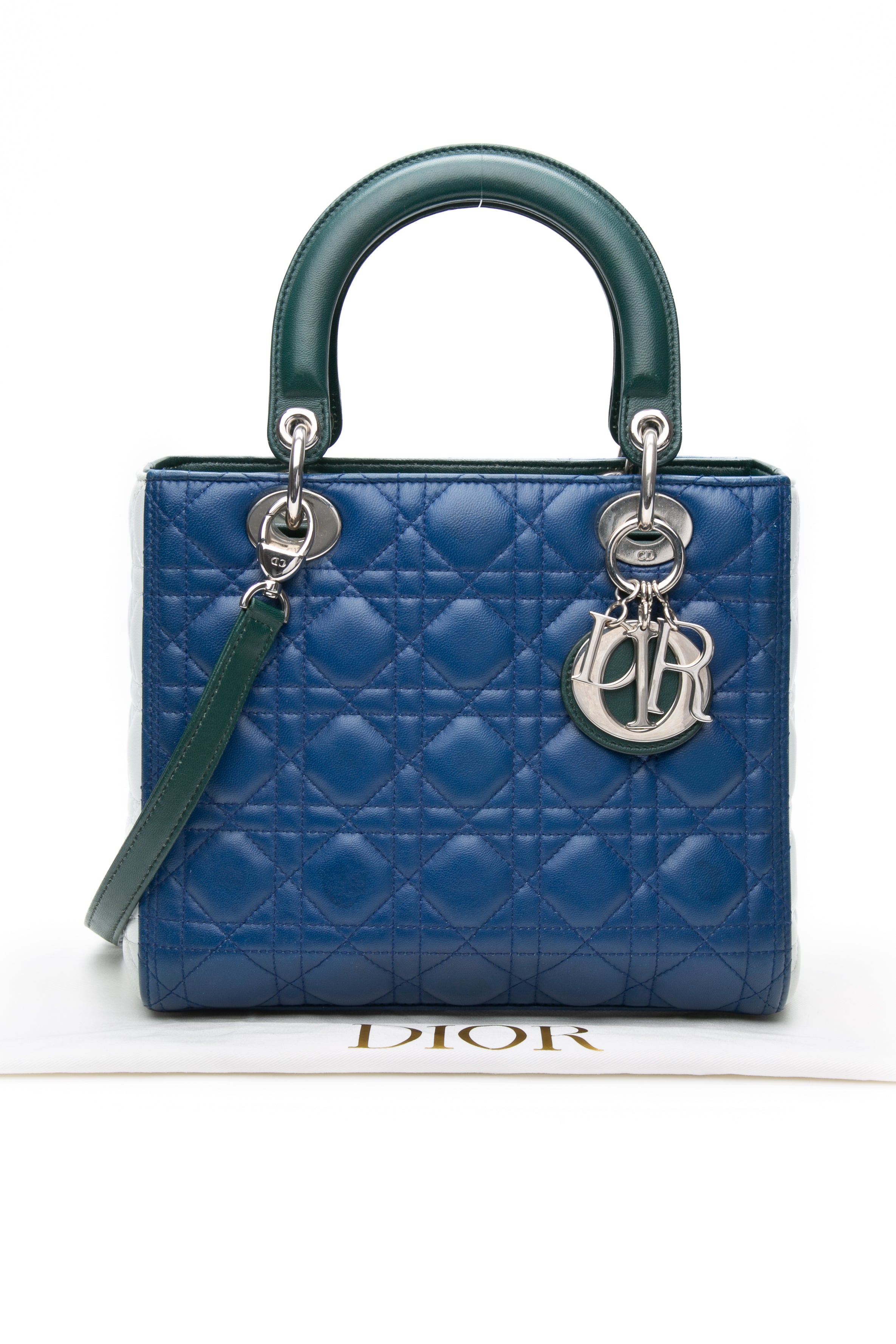 DIOR Tri-color Blue Celeste Deep Green Lambskin Cannage Medium Lady Di ...
